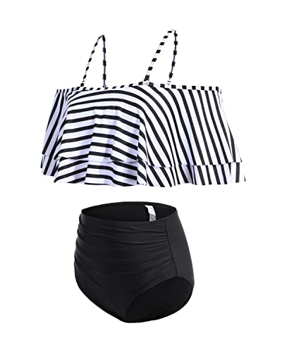 Fashionable High Waisted Ruffle Bikini Set For Beach Black And White S