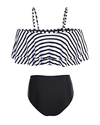 Fashionable High Waisted Ruffle Bikini Set For Beach Black And White S