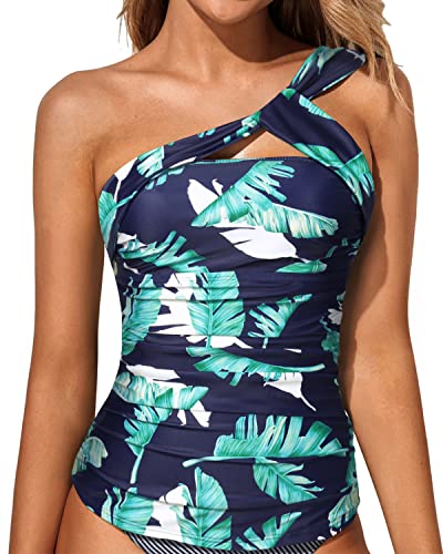Stylish One Shoulder Bathing Suit Top Padded Bra Tankini Top-Blue Leaf ...