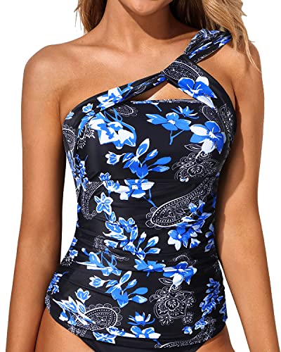 Feminine Ruched One Shoulder Swim Top Tummy Control Swim Tops-Blue Pai ...