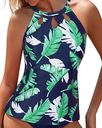 Stylish Halter Keyhole Design High Neck Tankini Top-Blue Leaf – Tempt Me